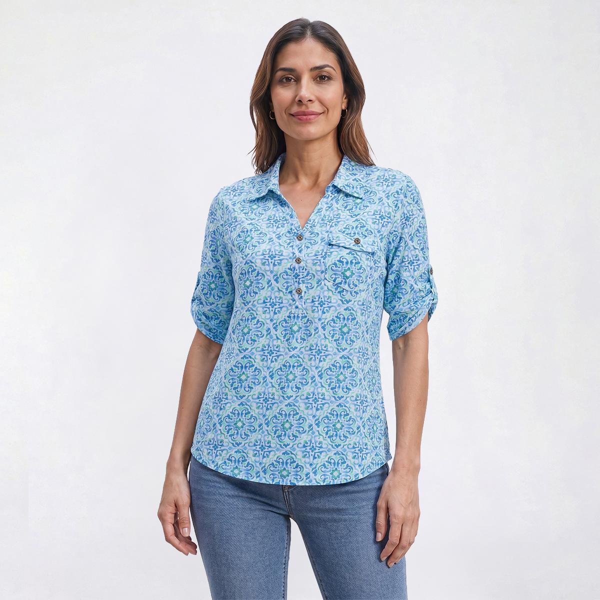 Click here for Petite Emily Daniels Elbow Sleeve Medallion Scroll... prices